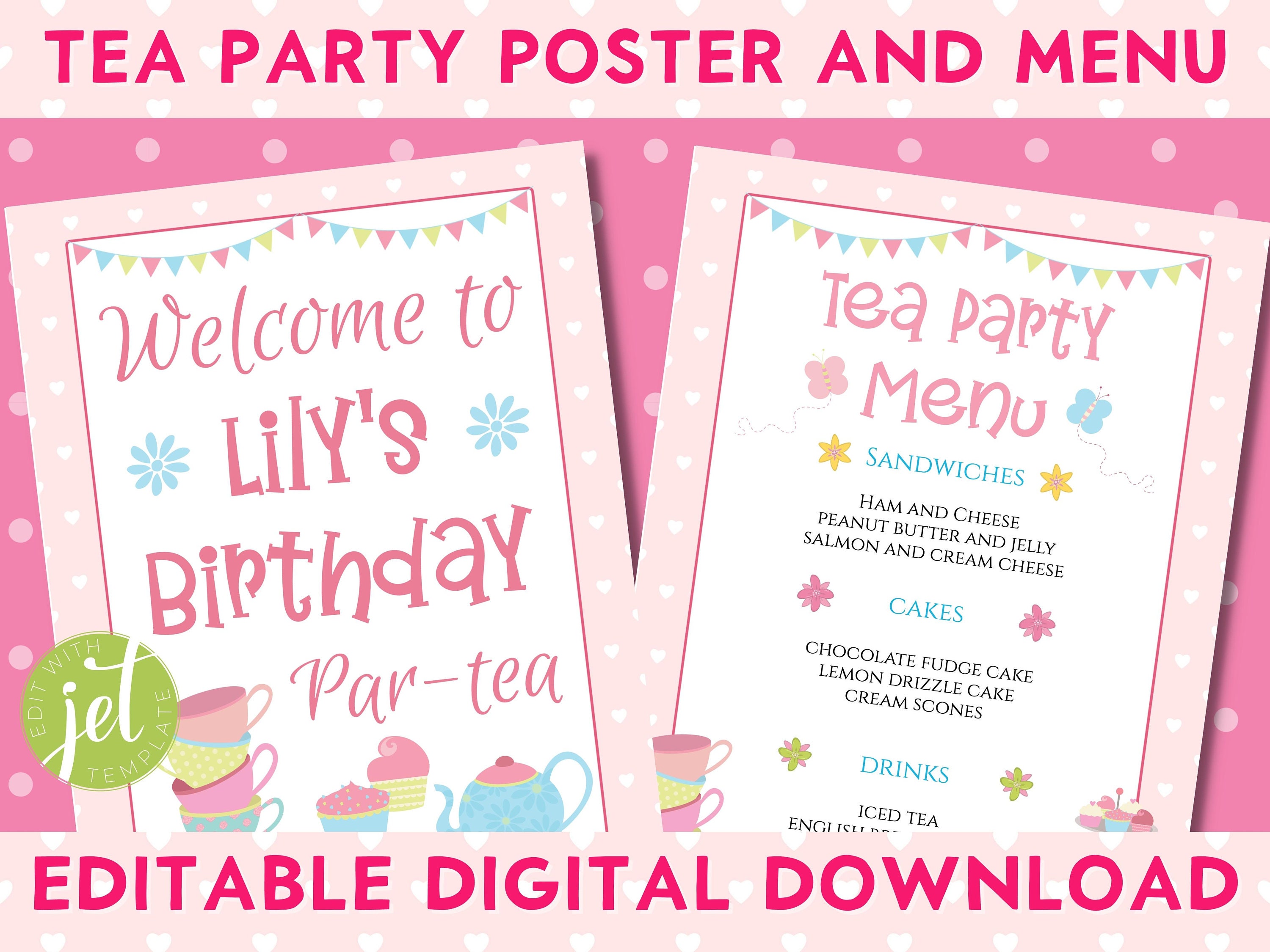 Tea Party Welcome Poster and Menu, Editable Printable, Personalized ...