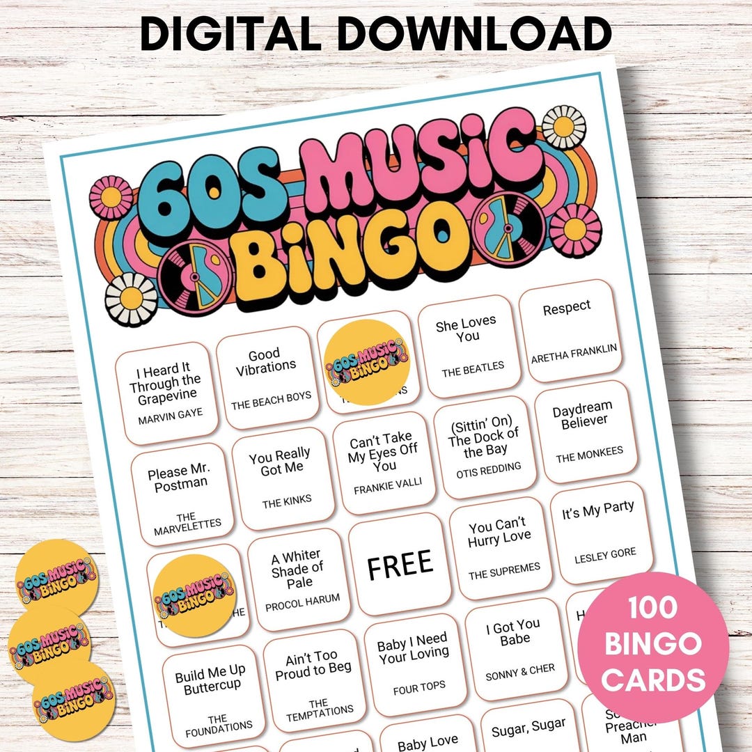 60s Music Bingo, Printable Party Game With Retro Vibes, Digital ...