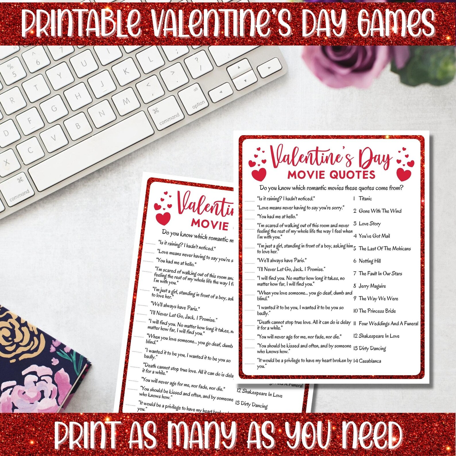 Printable Valentine's Day Movie Quotes Party Game Instant - Etsy