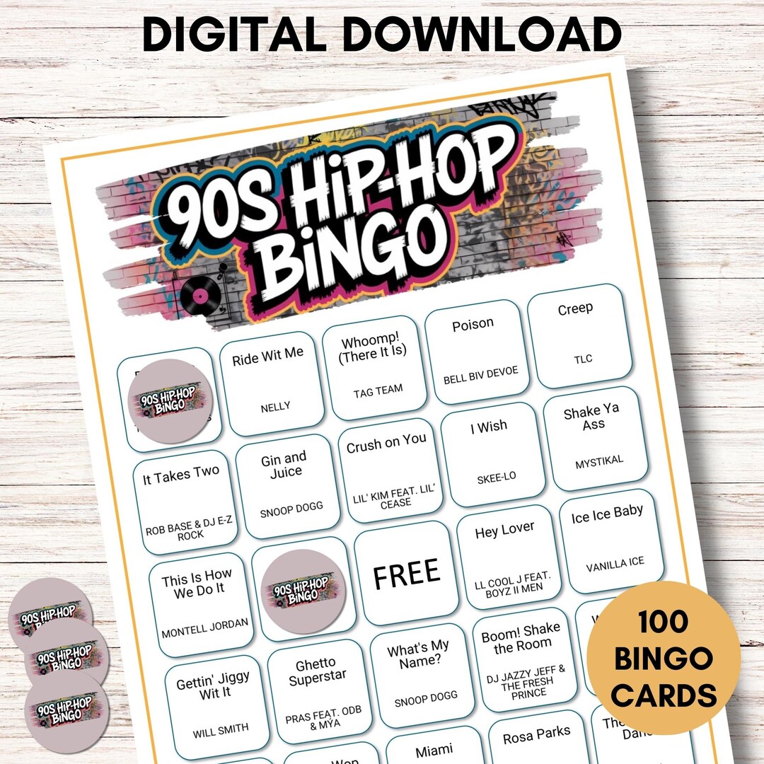 90s Hip Hop Bingo, Music Bingo Fun, 100 Unique Cards, Digital Download ...