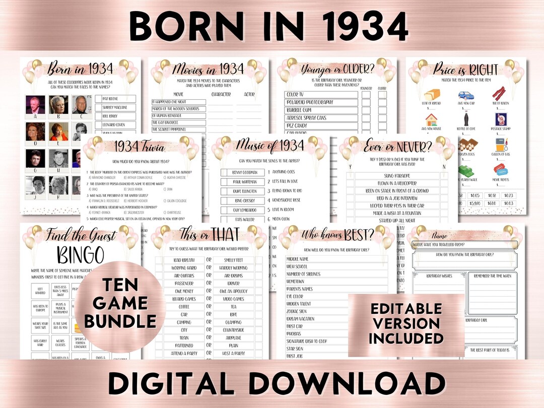 91st Birthday Games for Her, Born in 1934 Trivia Quiz, Fun Printable ...