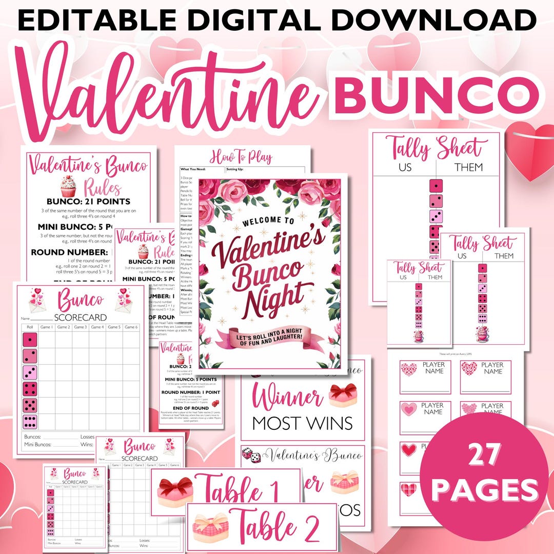 Valentine's Bunco Score Sheets, Printable Bunco Game, Valentine's Day ...