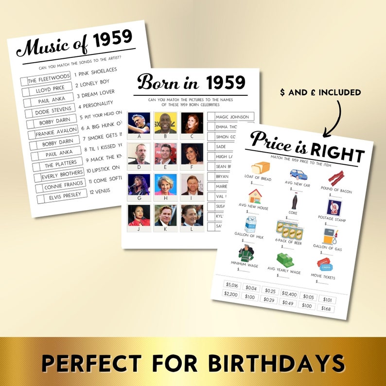 67th Birthday Party Games, Born in 1959 Trivia, Music Quiz (printable ...