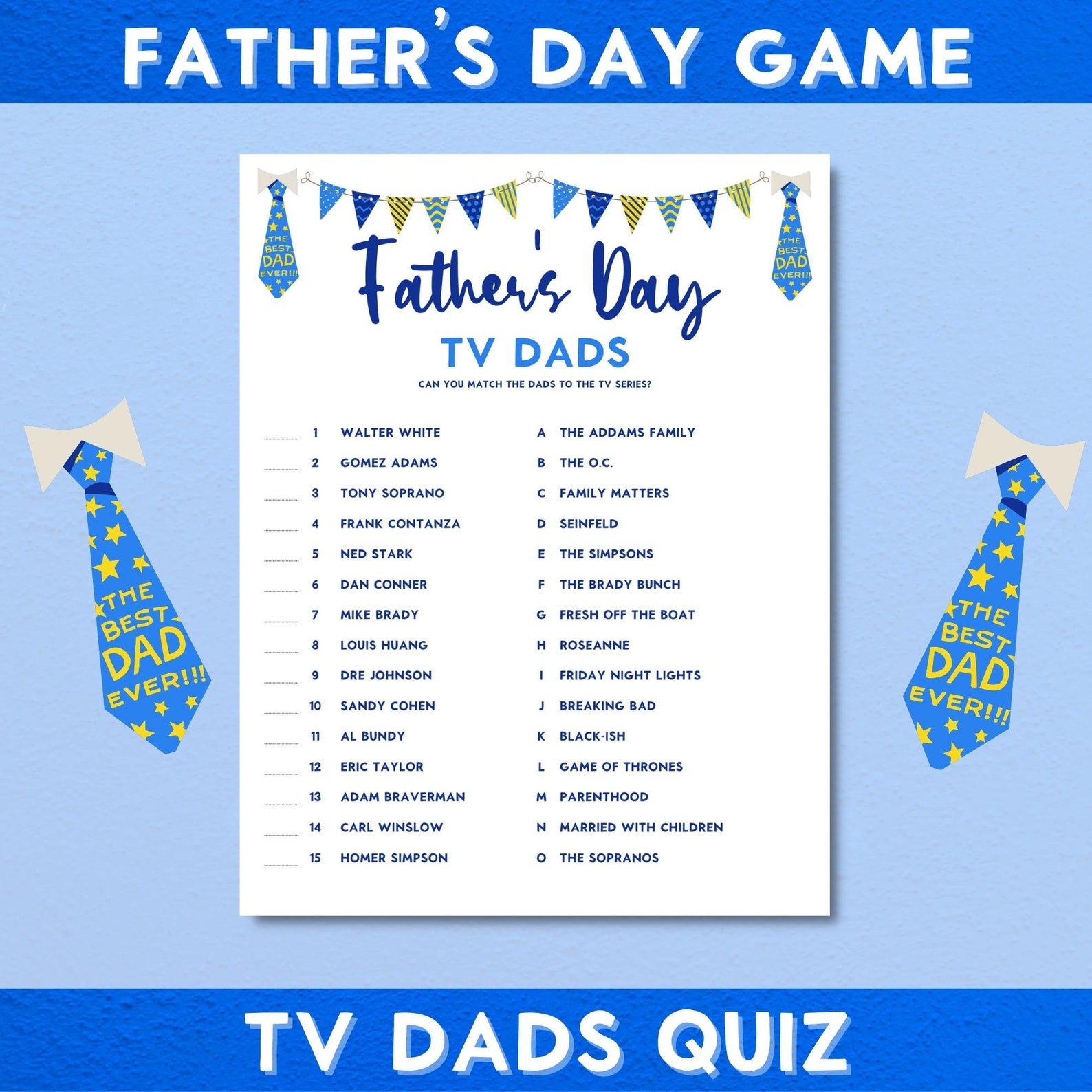 Printable Father's Day Game Father's Day TV Dads - Etsy