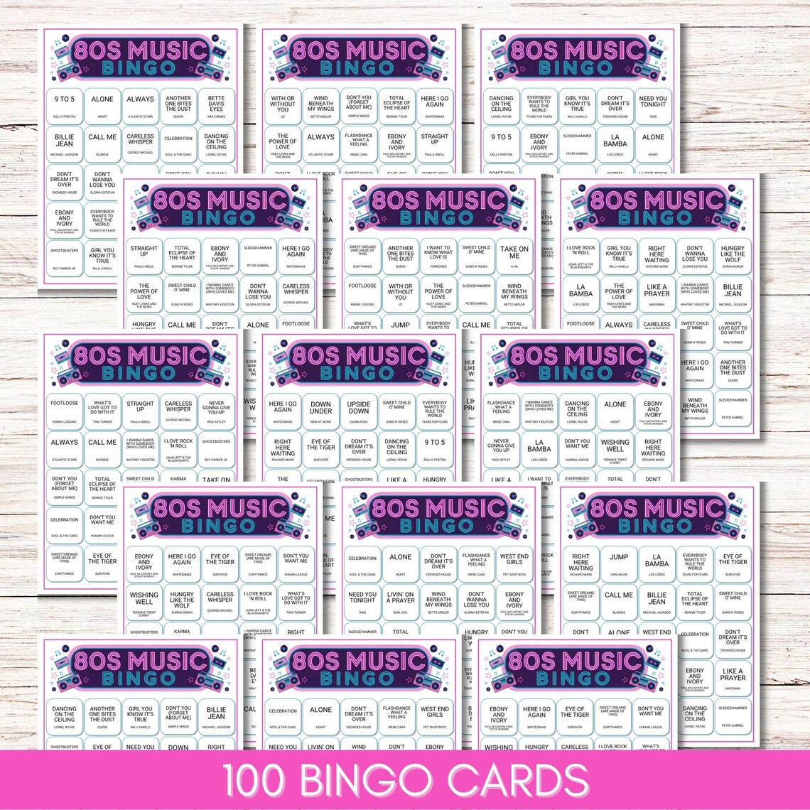 80s Music Bingo, 100 Printable Bingo Cards, Fun Party Game, Digital ...