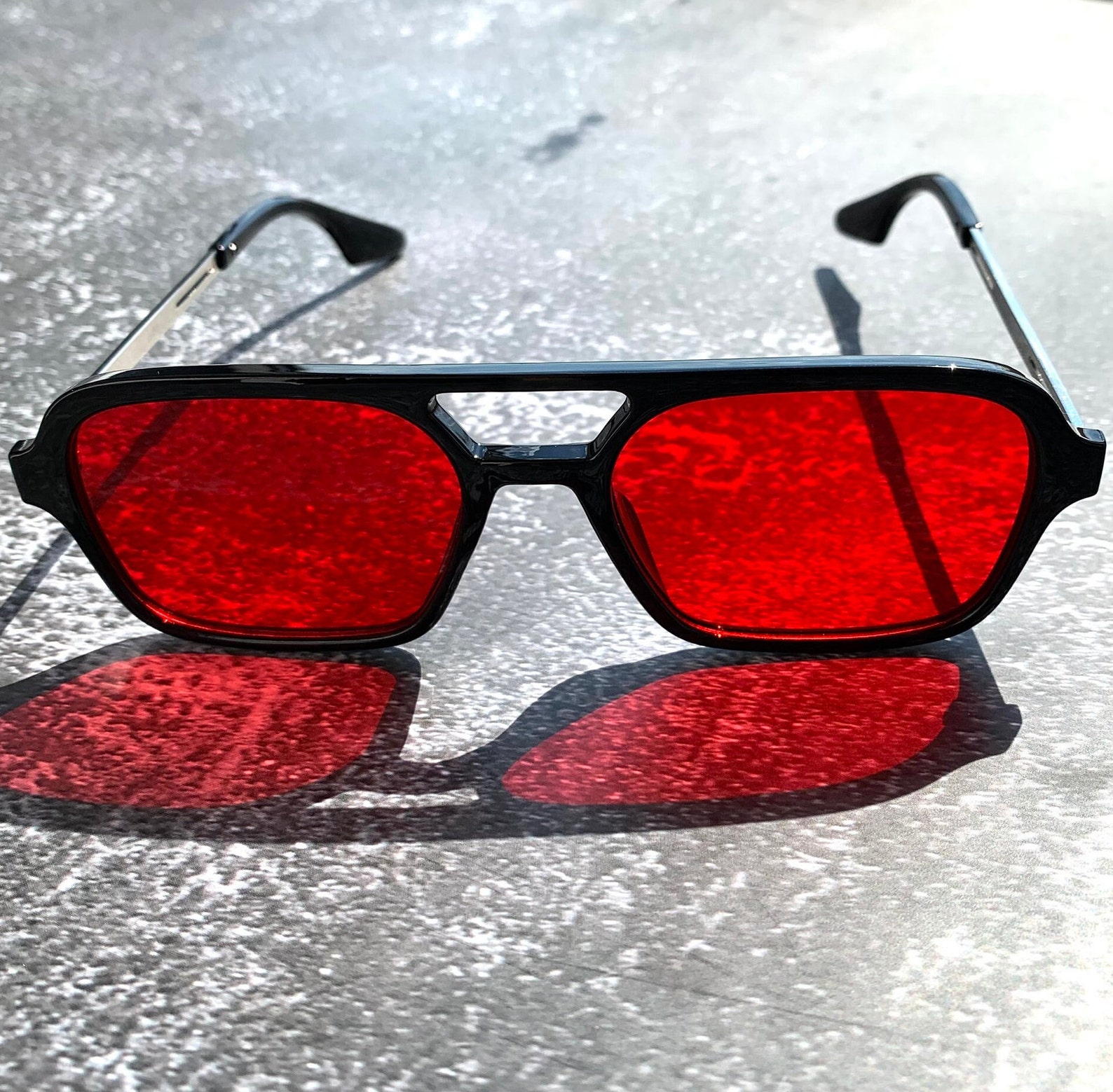 Aviators Red Black Square 70s Black Silver Metal Frame Aviator ...