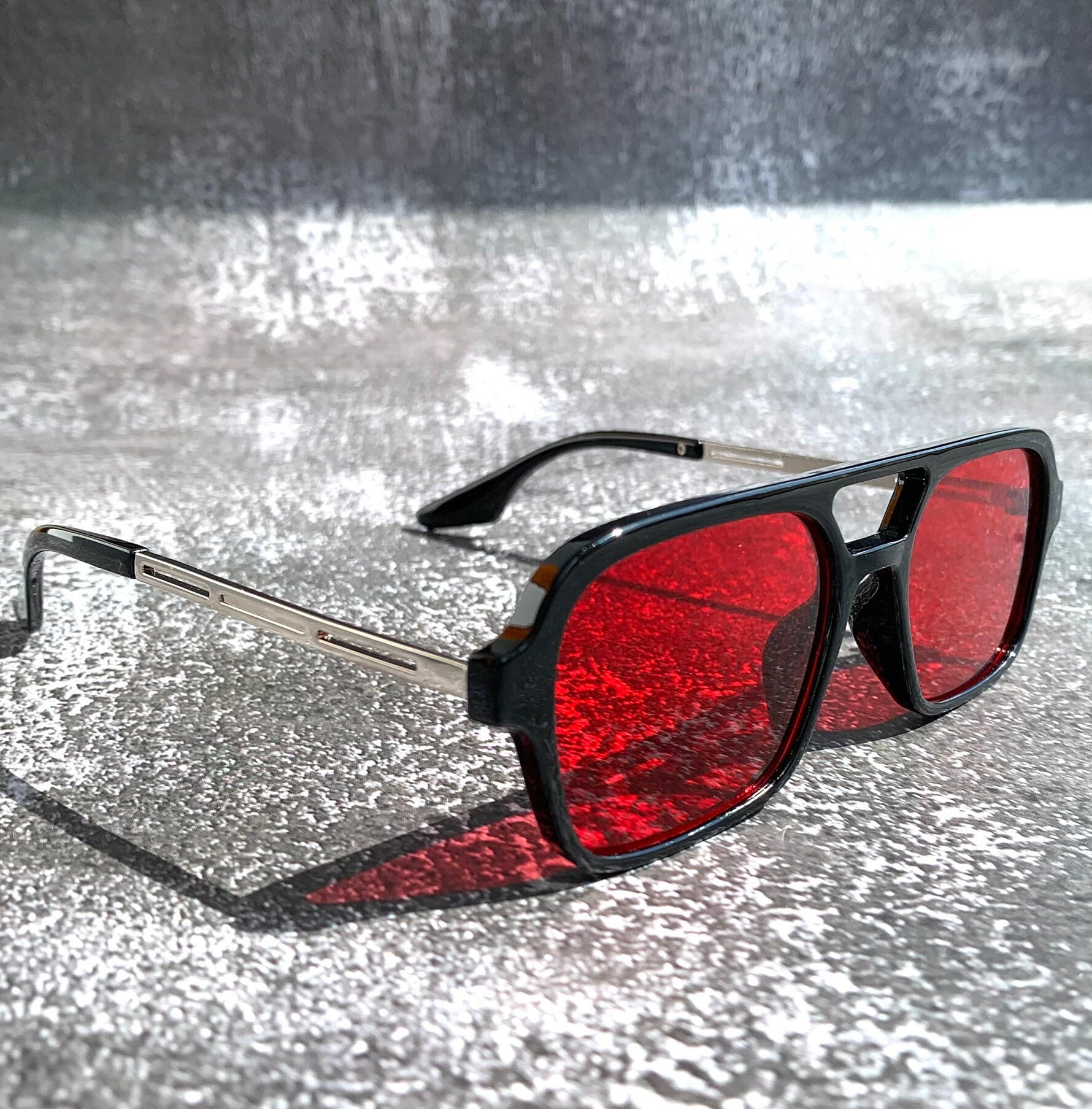 Aviators Red Black Square 70s Black Silver Metal Frame Aviator ...