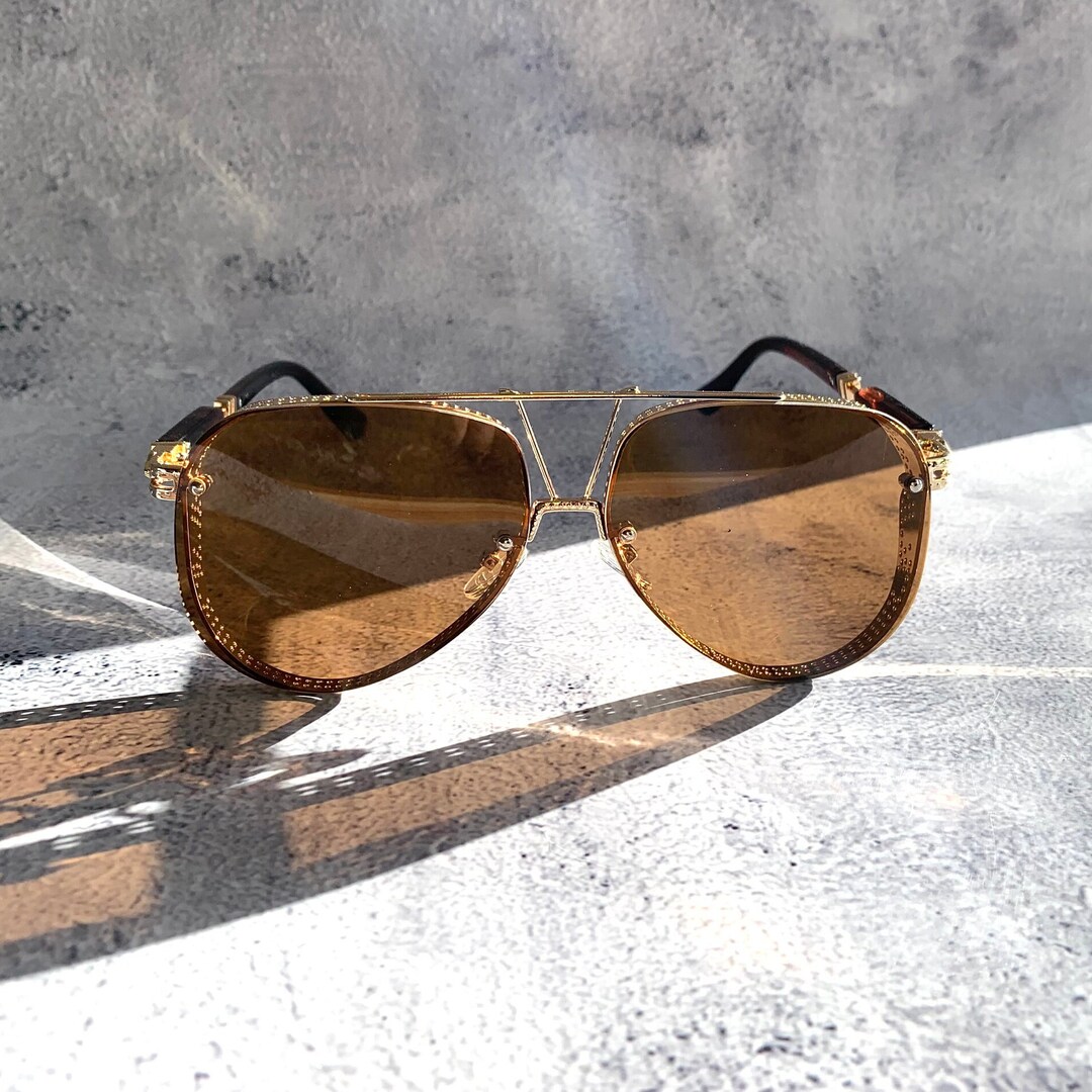 Classic Aviators Brown Lense 70s Unique Design Pilot Shades Gold Metal ...