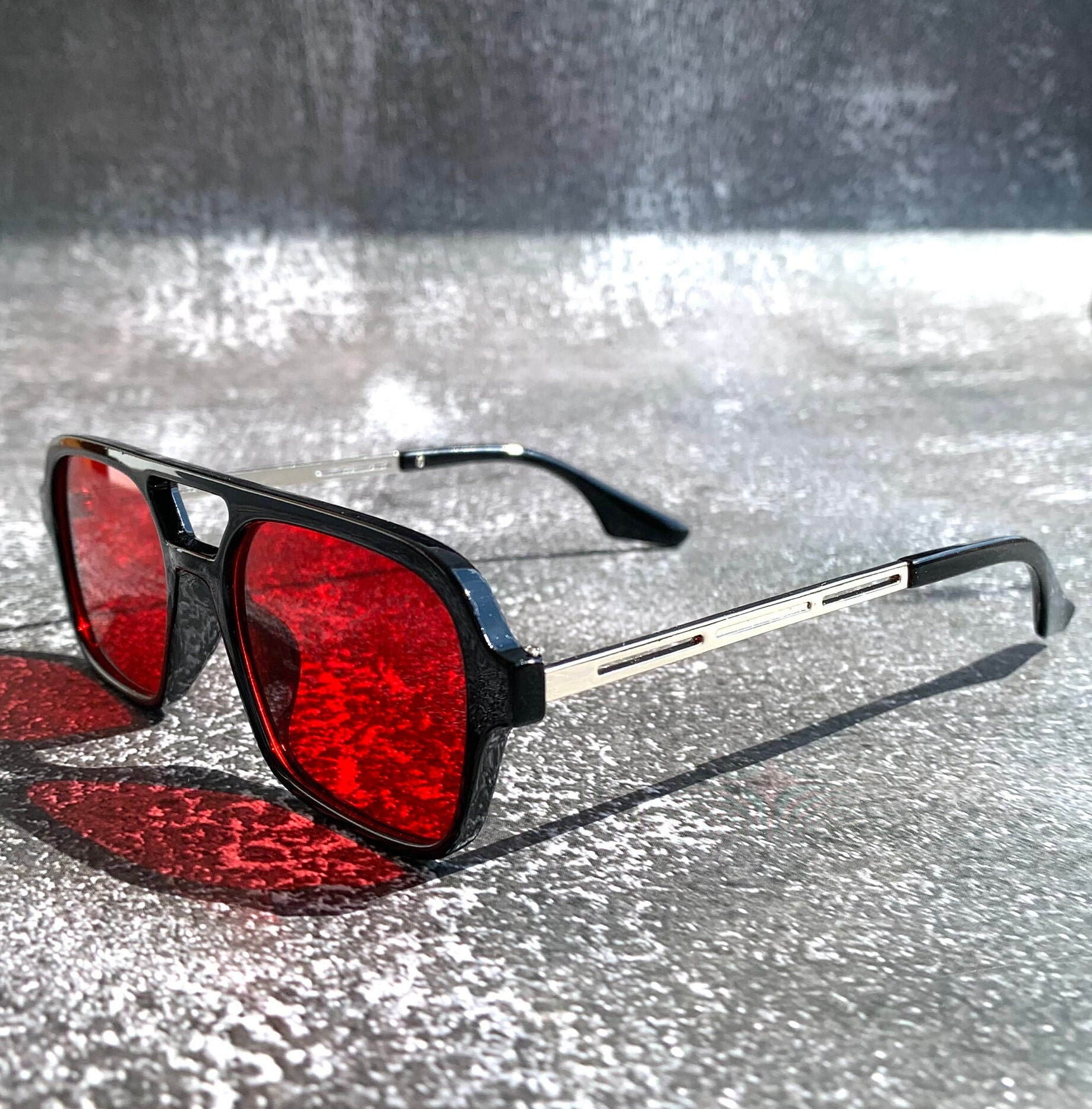 Aviators Red Black Square 70s Black Silver Metal Frame Aviator ...