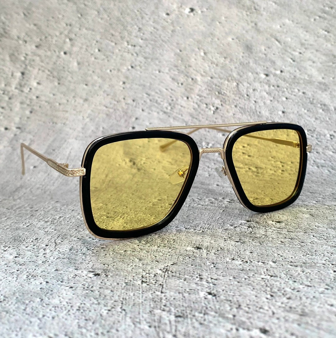 Square Yellow Driving Sunglasses 70s Gold Metal Frame Aviators Night ...