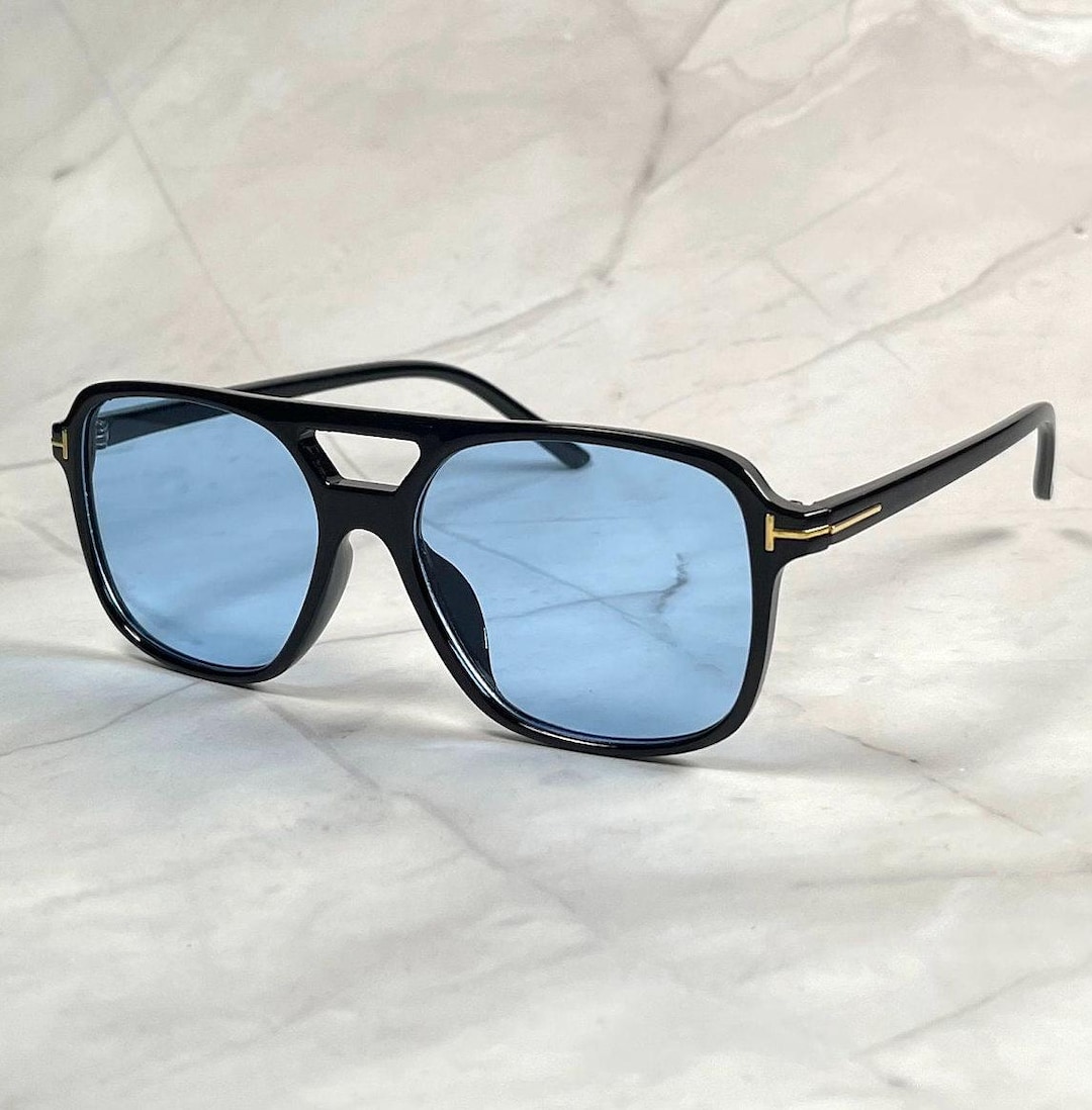 Blue Square Aviator Sunglasses 70s Men Women Sunglasses Black Frame ...