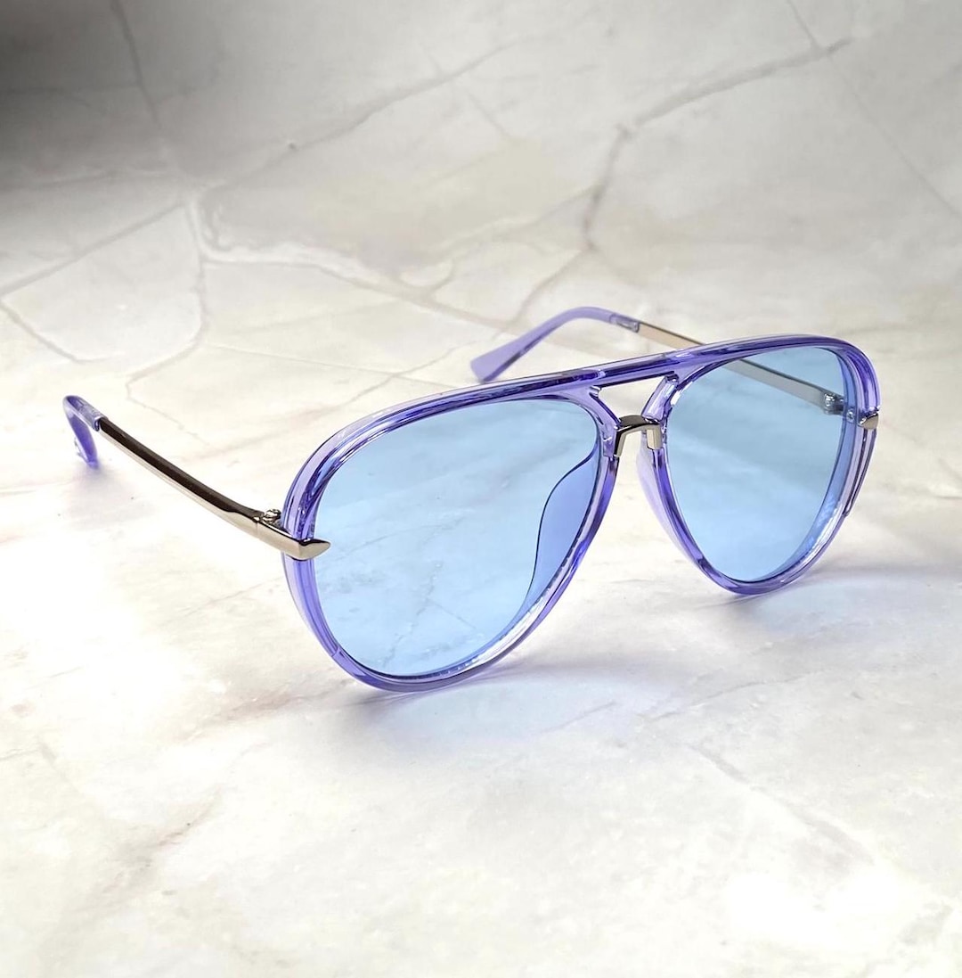 Ice Blue 70s Aviators Oversized Unique Design Pilot Shades Blue Frame ...
