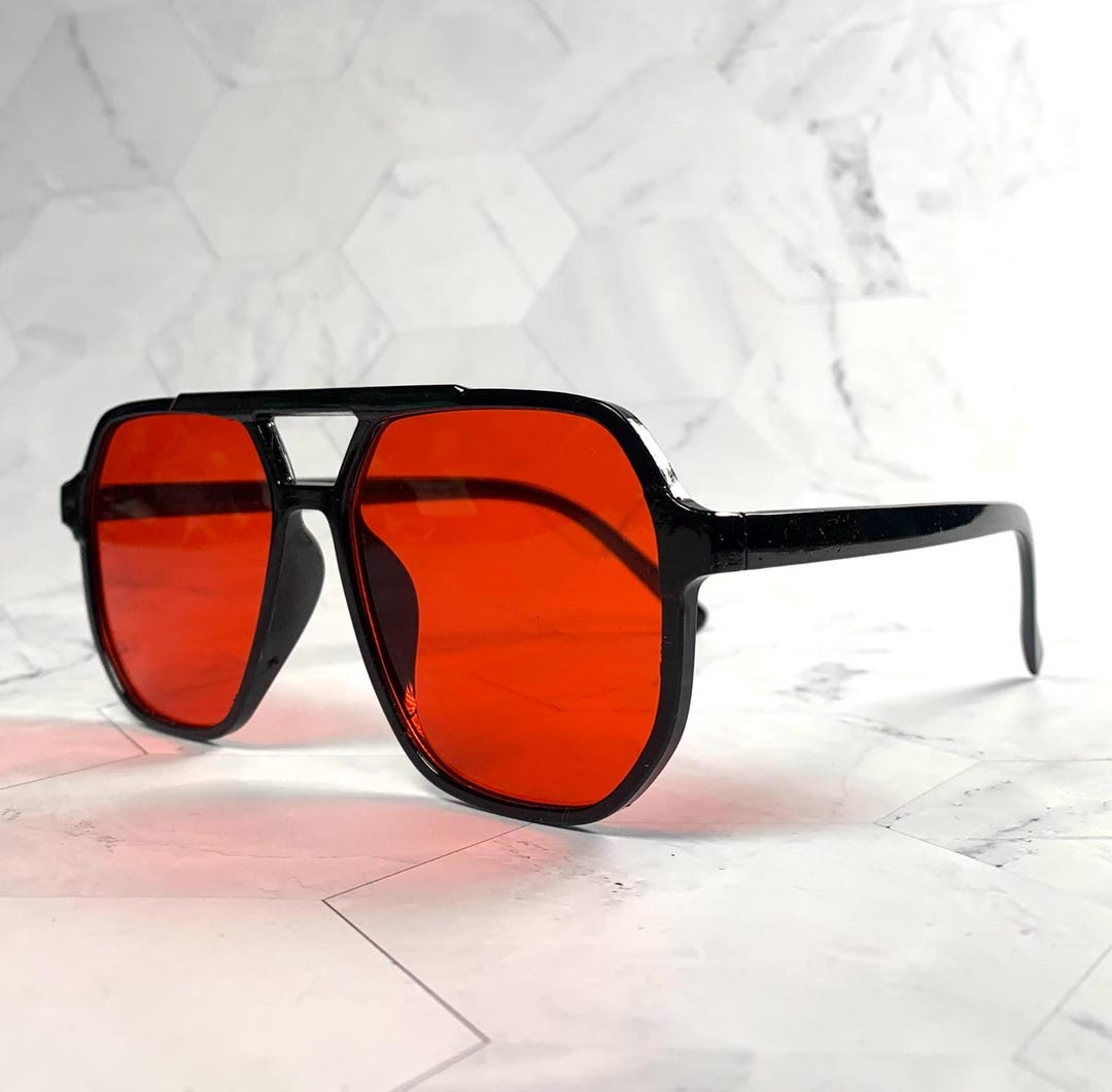 Square Aviator Sunglasses 80s Men Women Designer Red Lense Black Frame ...