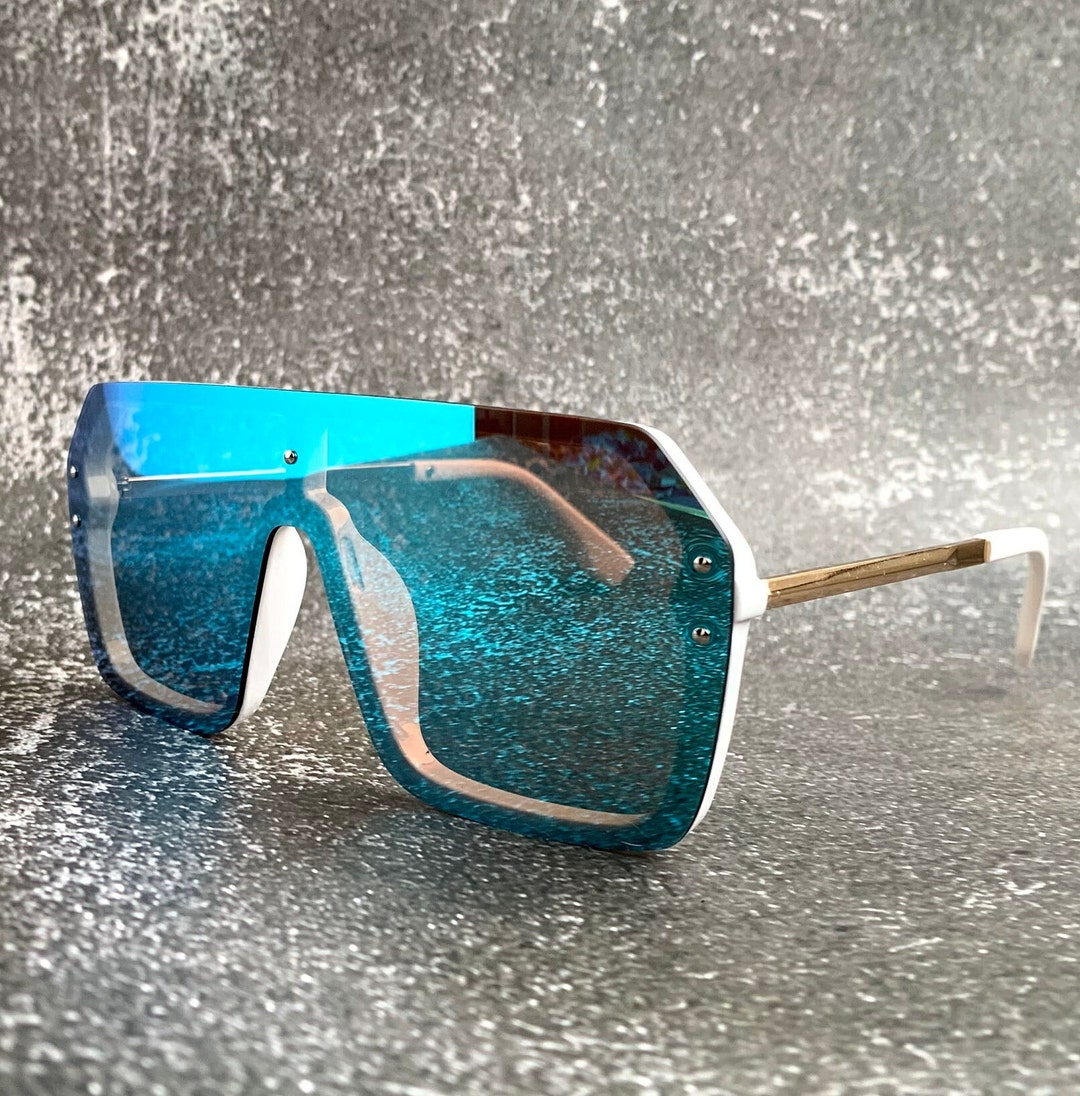 Oversized One Piece Aviators Blue Mirrored Lense White Gold Frame ...