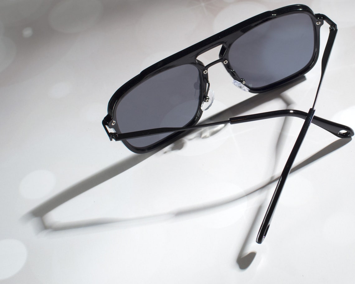 Black Square Aviators 70s Black Metal Frame Aviator Sunglasses Biker ...