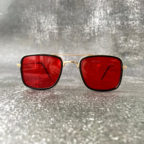 Red Black Square Aviators 70s Black Gold Metal Frame … - Gem
