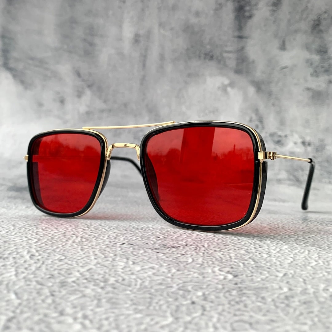 Red Black Square Aviators 70s Black Gold Metal Frame Side Shield ...