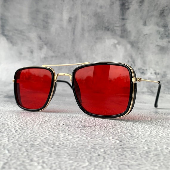 Red Black Square Aviators 70s Black Gold Metal Frame … - Gem
