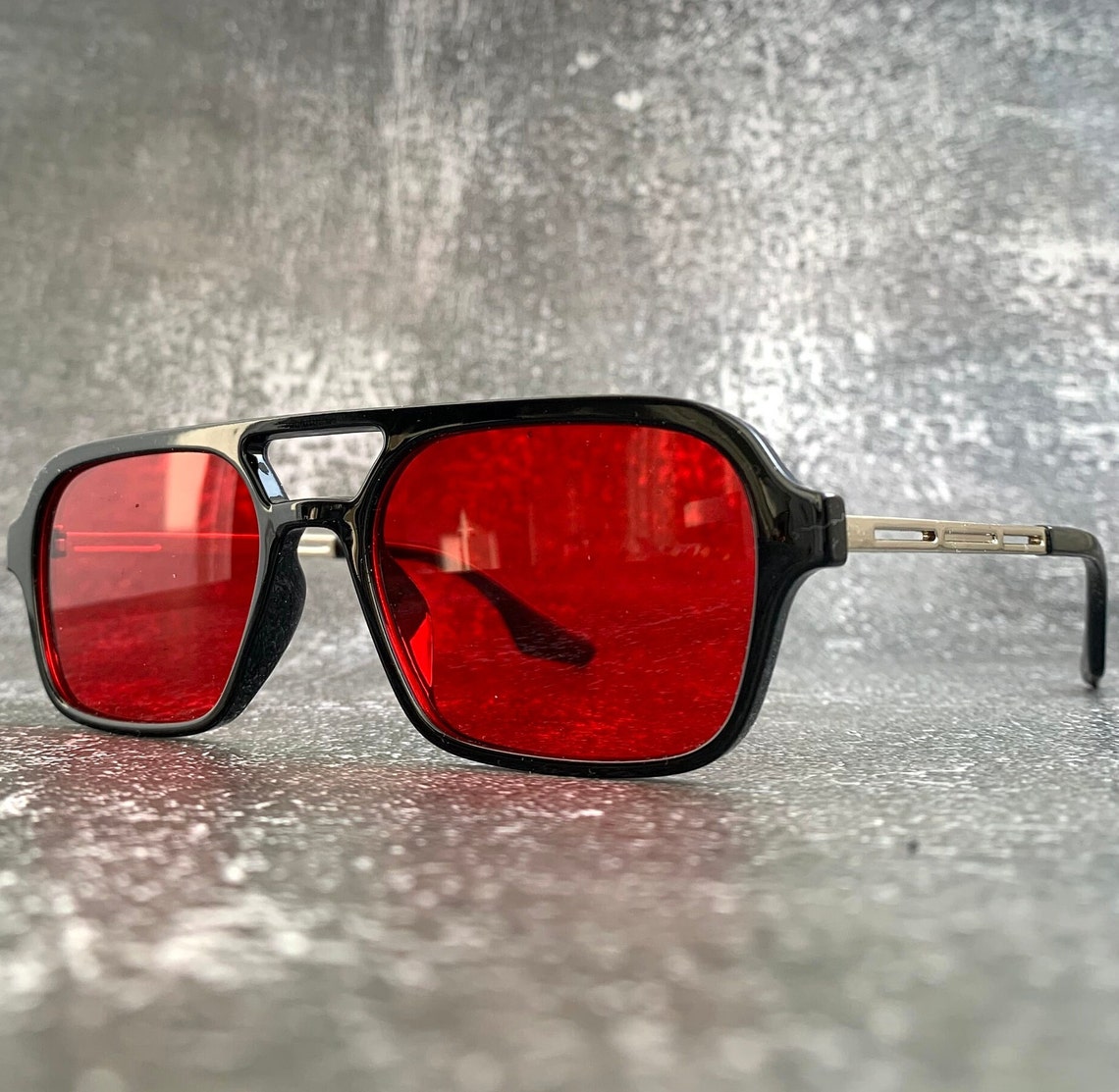 Aviators Red Black Square 70s Black Silver Metal Frame Aviator ...