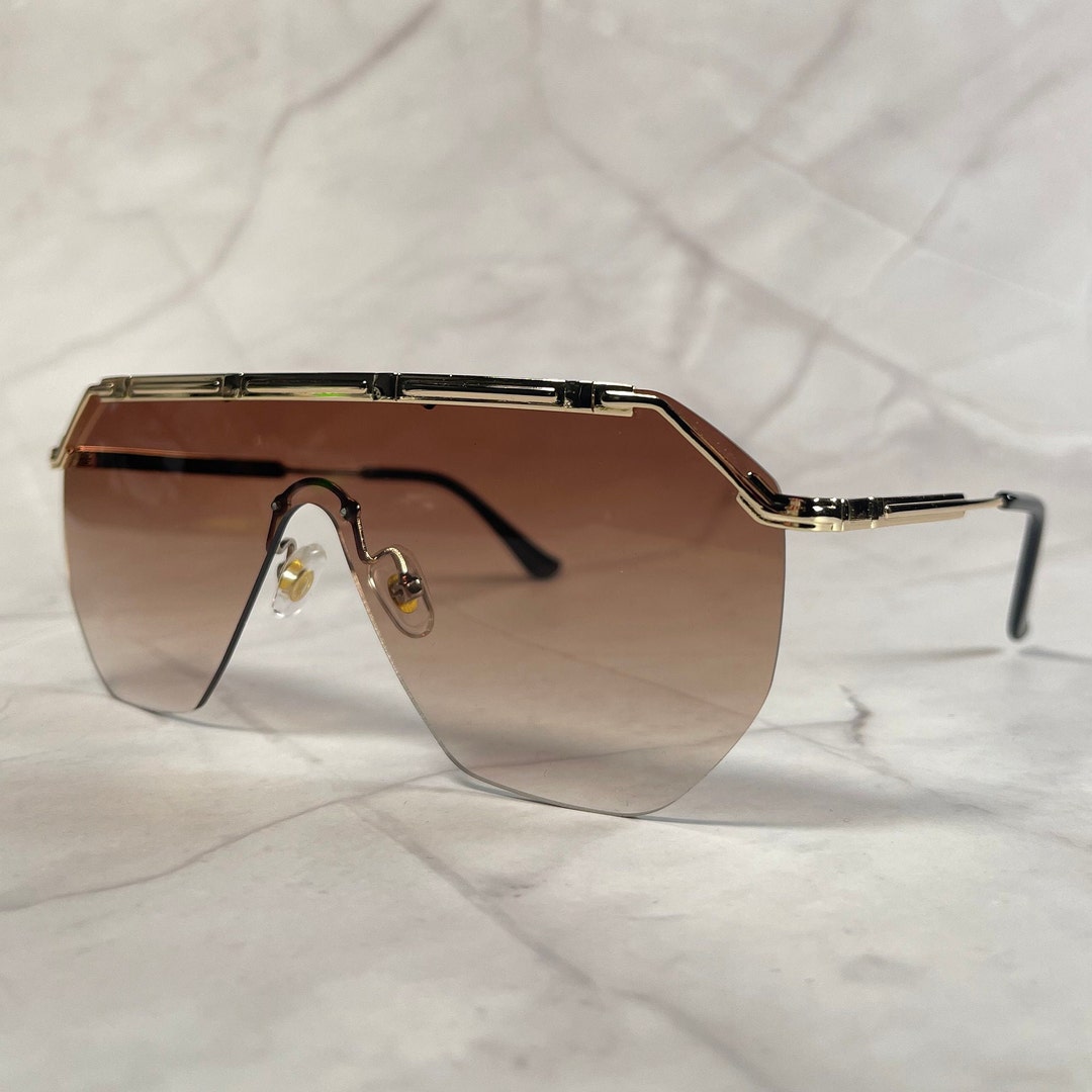 Men's Aviator Sunglasses Y2K Rimless Oversized Gradient Brown Gradient ...