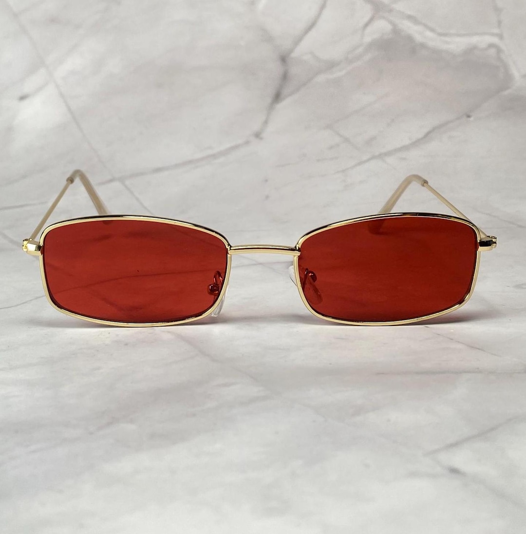 Red Mini Square Sunglasses 90s Gold Metal Frame Small Rectangle Slim ...