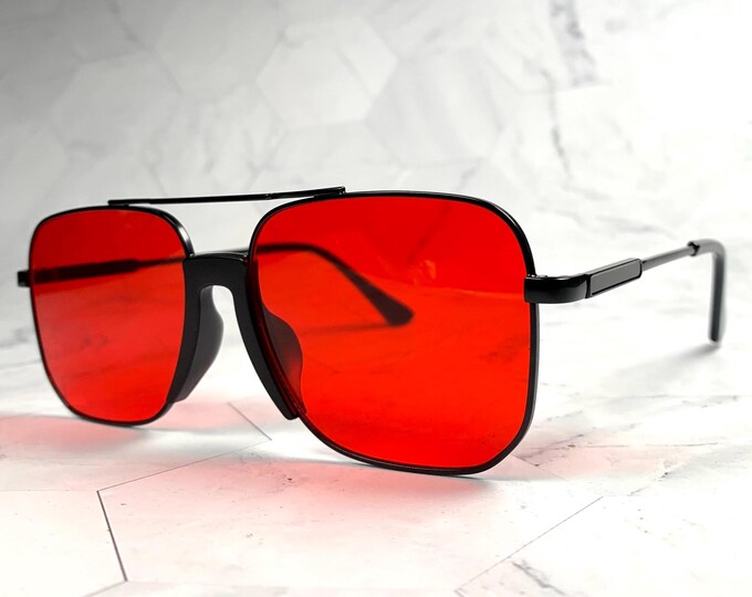Aviators Red Black Square 70s Black Metal Brow Bar Frame Aviator ...