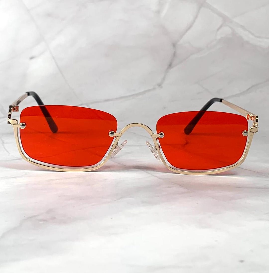 Red Mini Square Sunglasses 90s Gold Metal Frame Small Rectangle Slim ...
