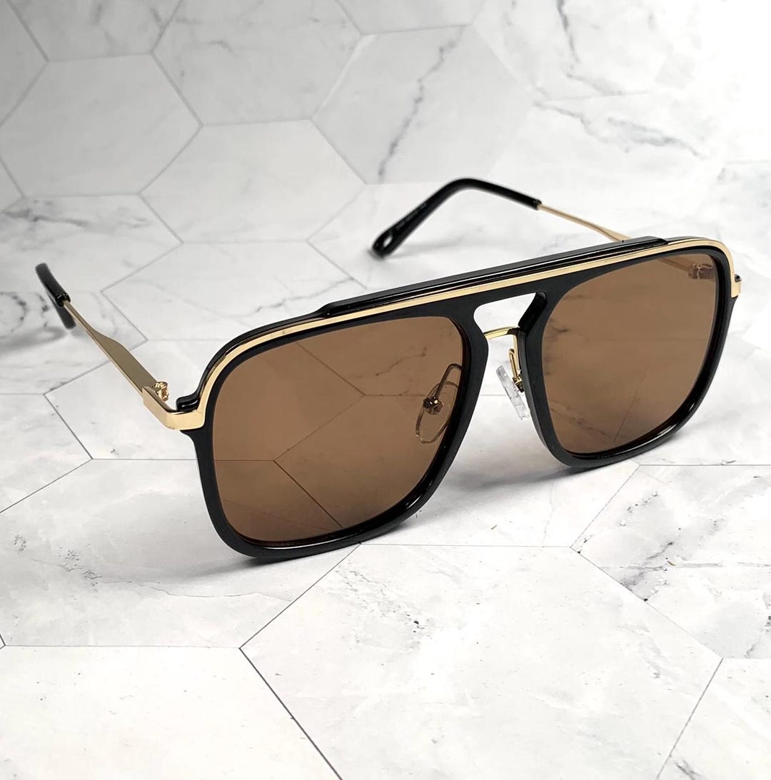 Brown Square Aviators 70s Black Gold Metal Frame Aviator Sunglasses ...