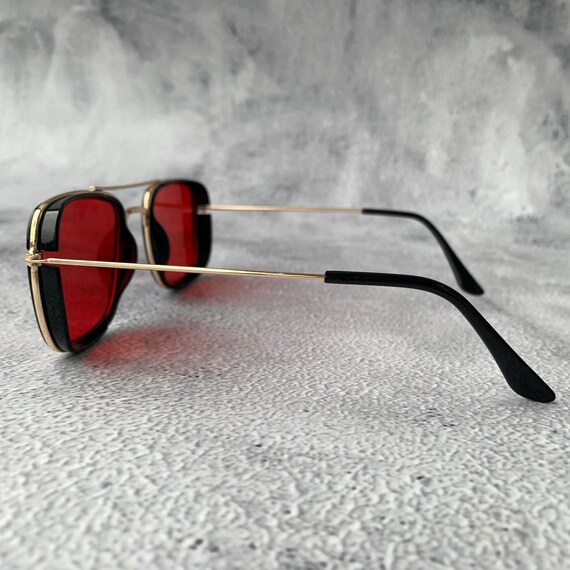 Red Black Square Aviators 70s Black Gold Metal Frame … - Gem