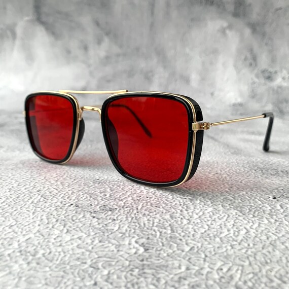 Red Black Square Aviators 70s Black Gold Metal Frame … - Gem