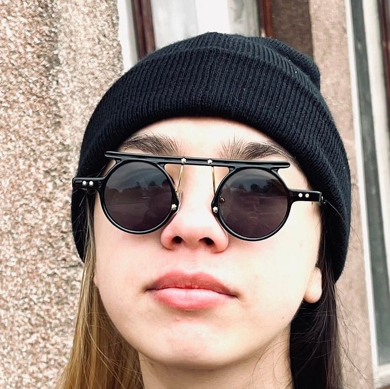 Steampunk Sunglasses Round Gothic 80s Spirral Design Vintage Black Frame Black Lense Cyberpunk ...