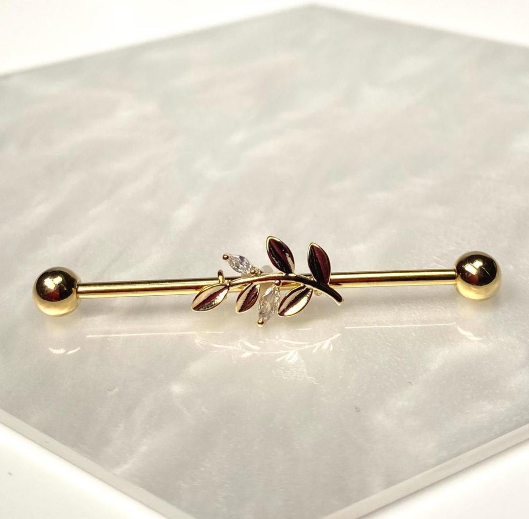 Scaffold Yellow Gold Barbell Earring Industrial Leaf Piercing Goth Punk ...