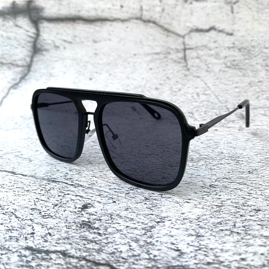 Black Square Aviators 70s Black Metal Frame Aviator Sunglasses Biker ...