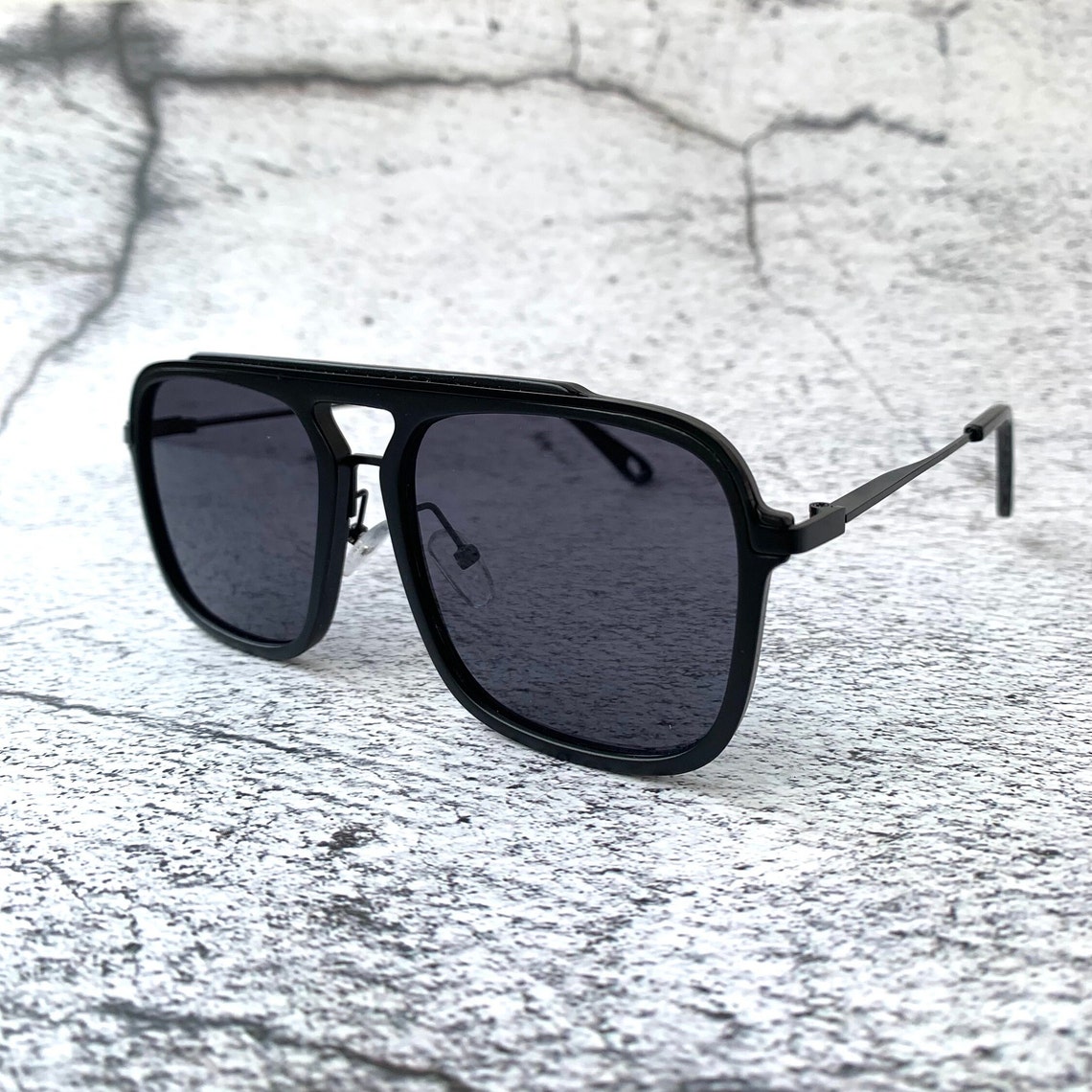 Black Square Aviators 70s Black Metal Frame Aviator Sunglasses Biker ...