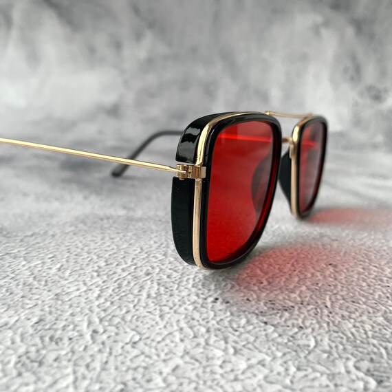 Red Black Square Aviators 70s Black Gold Metal Frame … - Gem