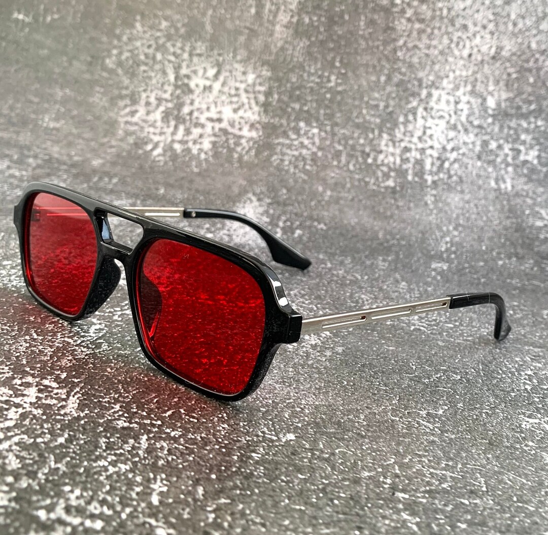Aviators Red Black Square 70s Black Silver Metal Frame Side Shield ...