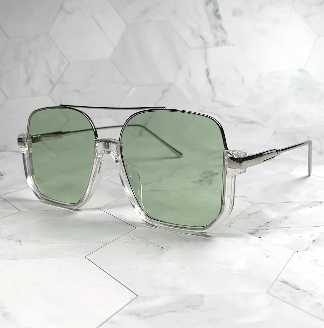 Green Square Aviator Sunglasses 70s Oversized Brow Bar Shades Silver ...