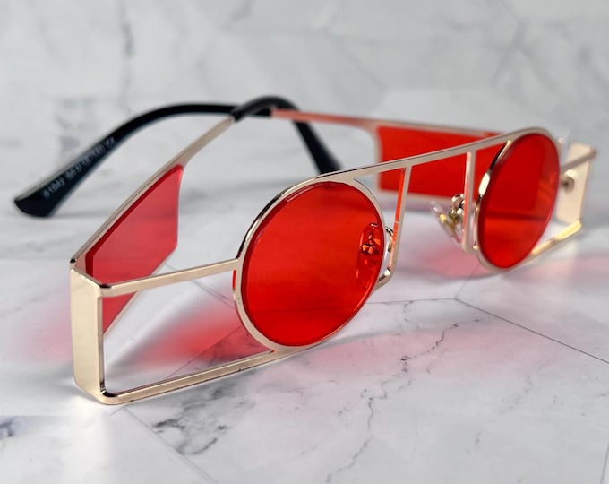 Side Shield Steampunk Shades Rave Sunglasses Y2K Round Red Lense Gold ...