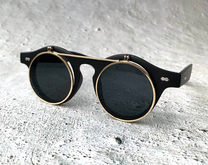 Black Cyberpunk Flip Sunglasses 1910s Gothic Double Lense Shades Black ...