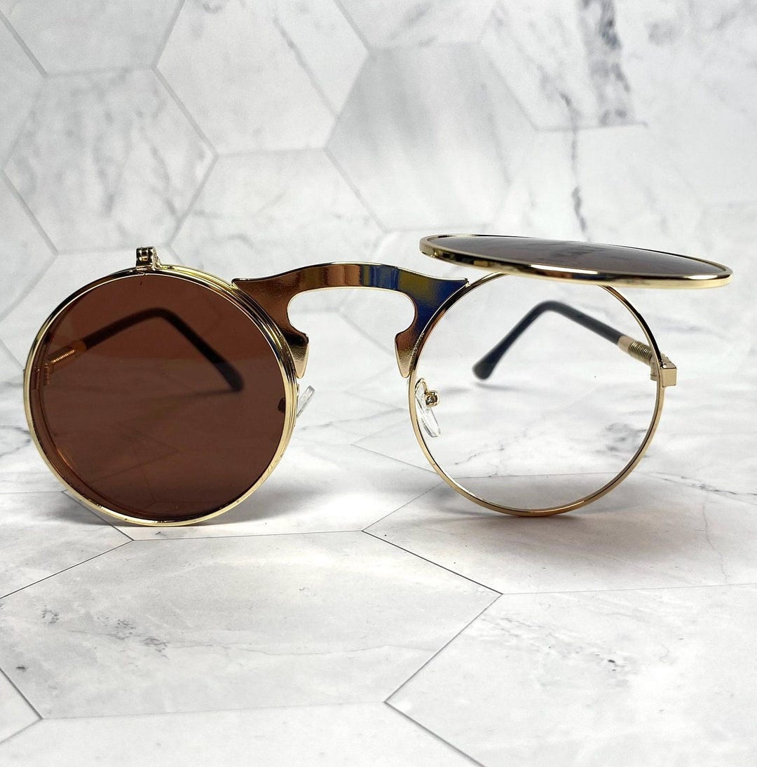 Brown Flip Shades Steampunk 1910s Double Lense Gold Metal Round Circle Heyhole Frame Avantgarde ...