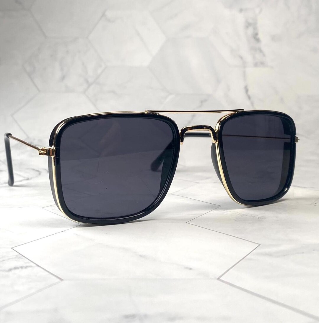 Black Square Aviators 70s Gold Metal Frame Side Shield Aviator