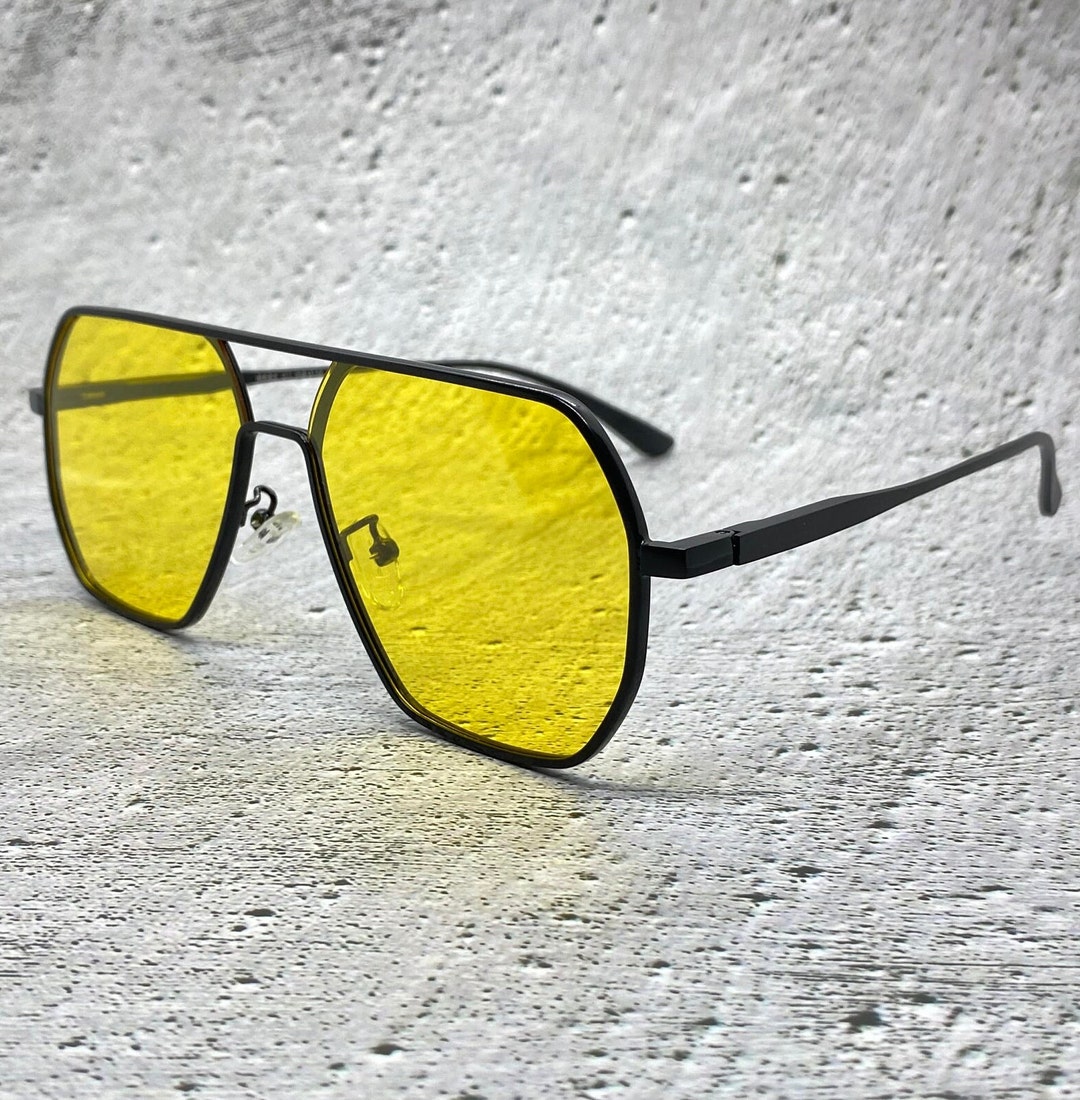 Yellow Aviators Blocker Lense 70s Black Metal Frame Aviator Sunglasses ...