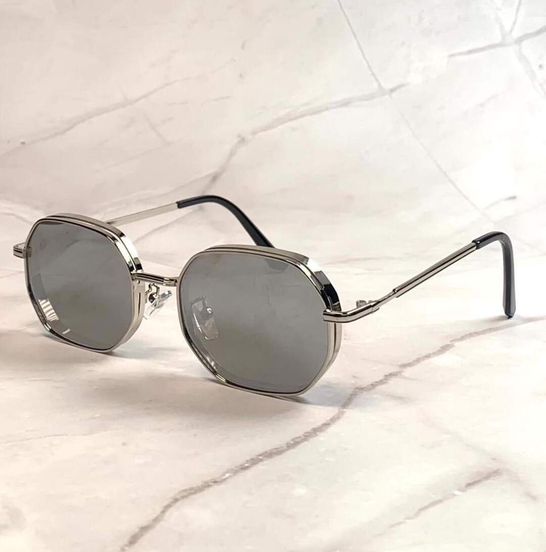 Silver Mirrored Aviators 70s Octagonal Unique Pilot Shades Silver Metal ...