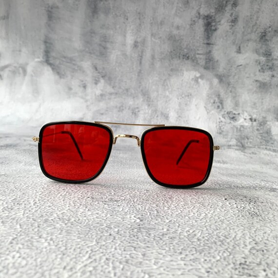 Red Black Square Aviators 70s Black Gold Metal Frame … - Gem