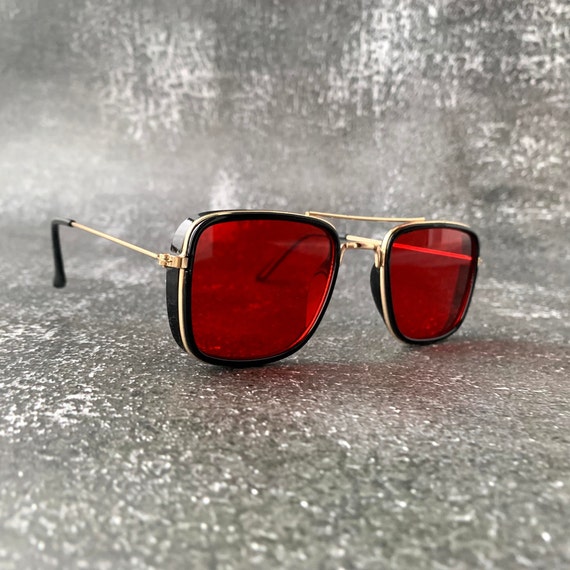 Red Black Square Aviators 70s Black Gold Metal Frame … - Gem