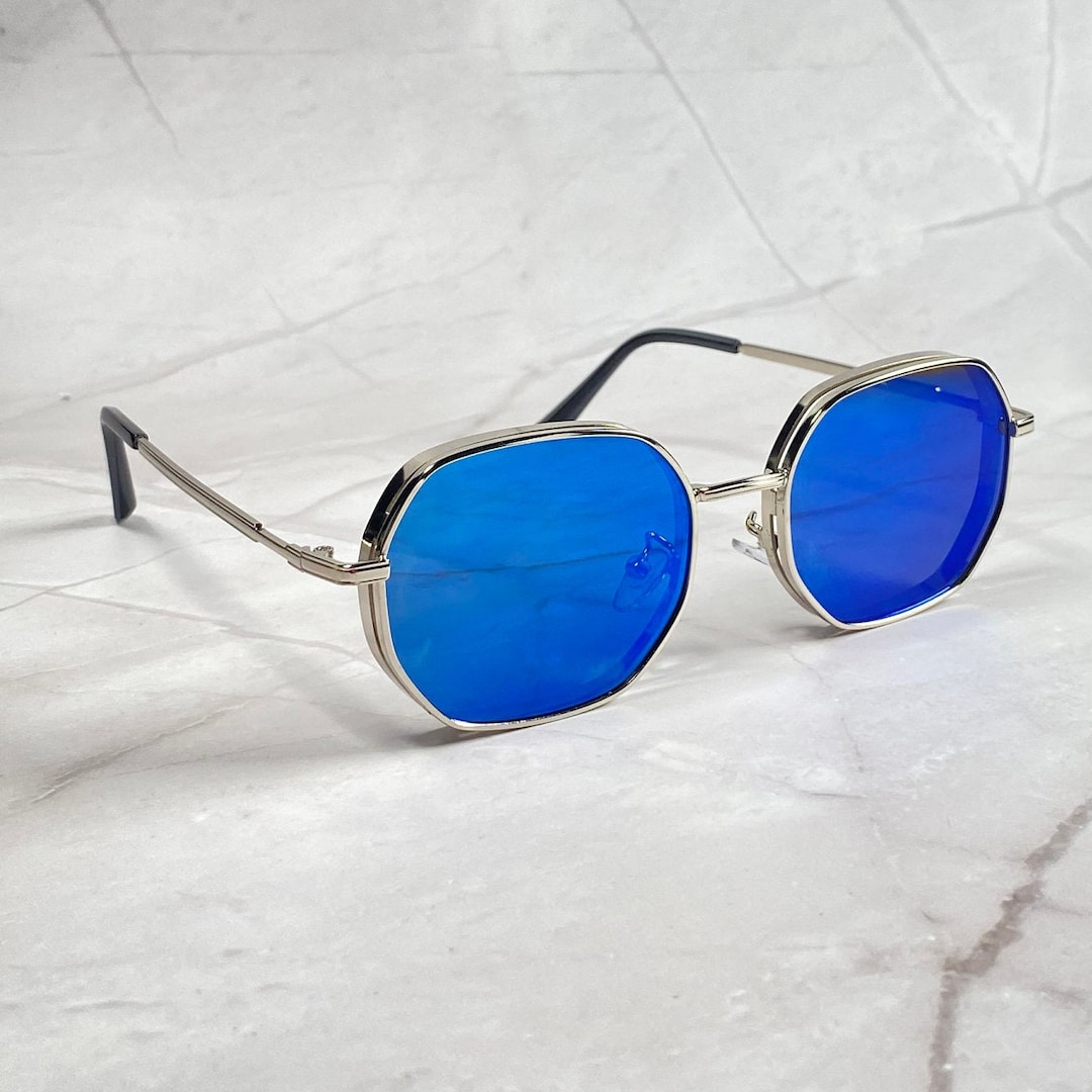 Ice Blue Mirrored Aviator Sunglasses 70s Silver Metal Frame Octagonal ...