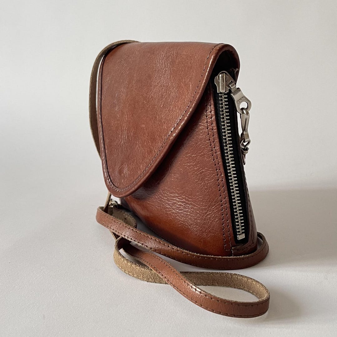 Vintage Brown Leather Crossbody Bag Minimalist Triangle Flap Side Zip ...