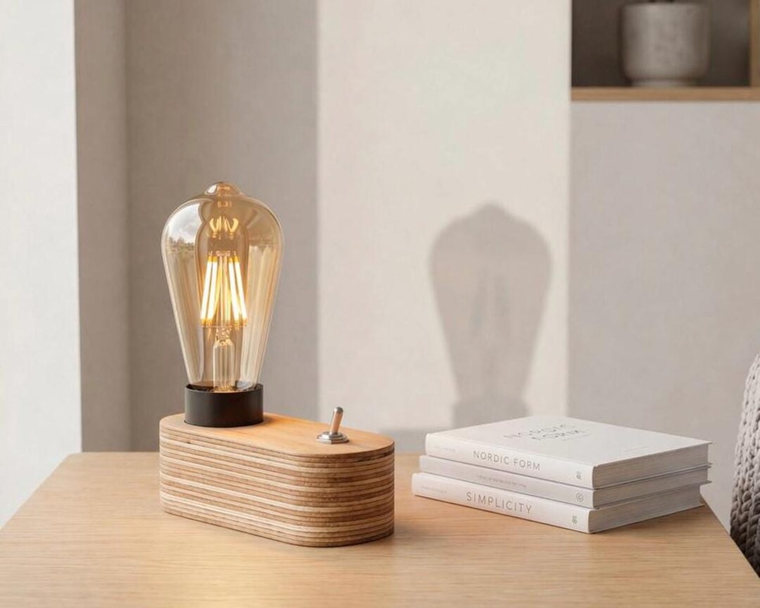 Layered Wood Table Lamp, Edison Bulb Desk Light, Rustic Nightstand ...