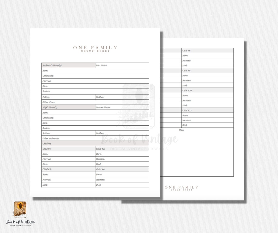 One Family Group Sheet Ancestor Tracker Sheet Husband, Wife and up to ...