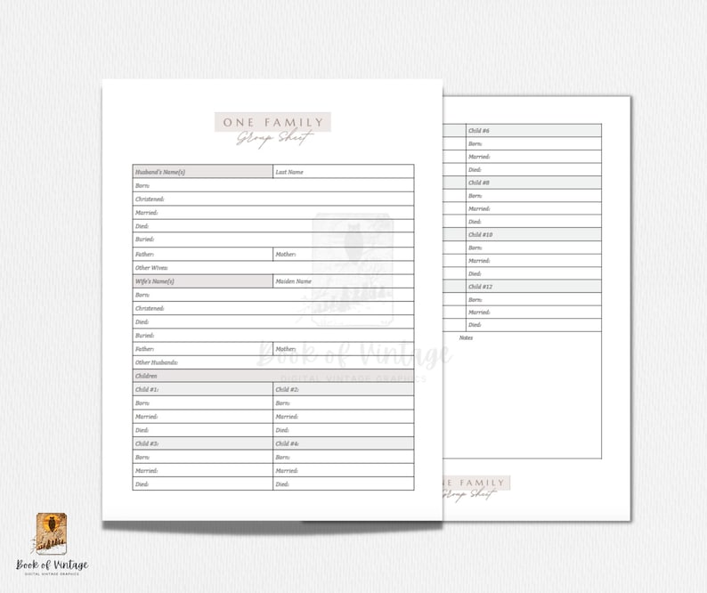 One Family Group Sheet Ancestor Tracker Sheet Husband, Wife and up to ...